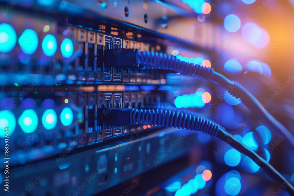 Ethernet cables connected to a network switch in a server room, concept ...