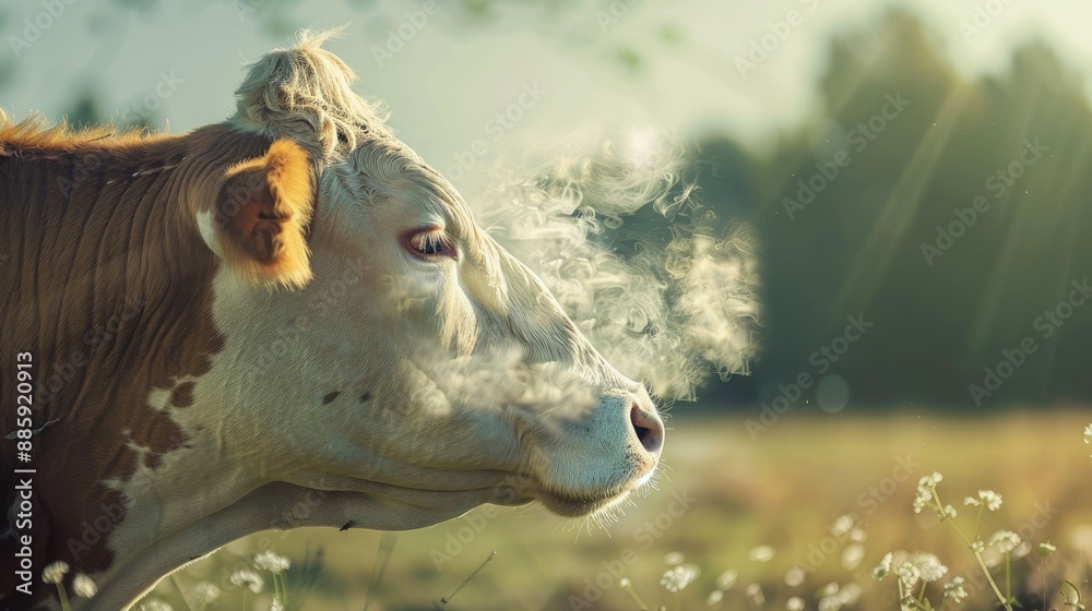 Cow chewing cud, with digital overlay showing methane emissions and ...