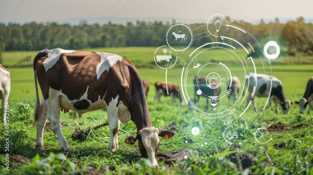 Herd of cows in a green field, with icons depicting methane emissions ...