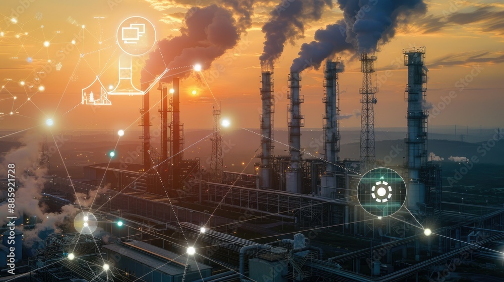 Smokestacks emitting pollution with overlay of solar energy symbols ...