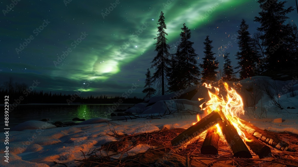 Bonfire in a serene forest at night, with the northern lights creating ...