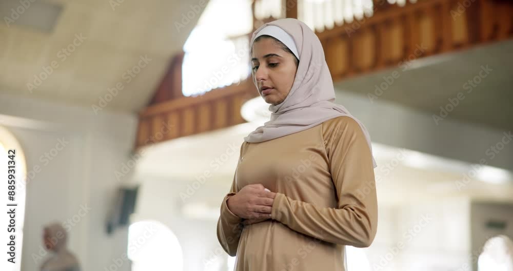 Woman, muslim and praying in mosque with hijab for gratitude, peace and ...
