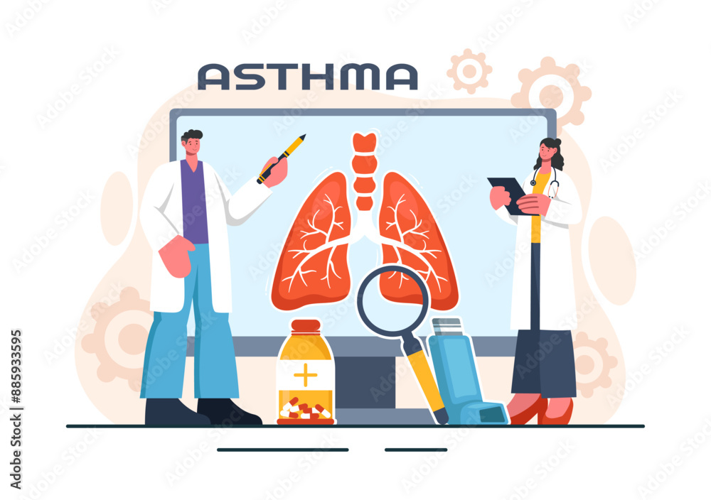 Asthma Disease Vector Illustration Featuring Human Lungs and Inhalers ...