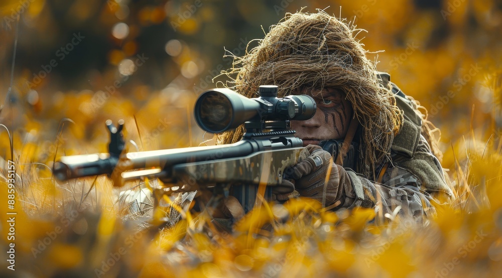 A sniper wearing camouflage and ragged lies in the grass, holding an ...