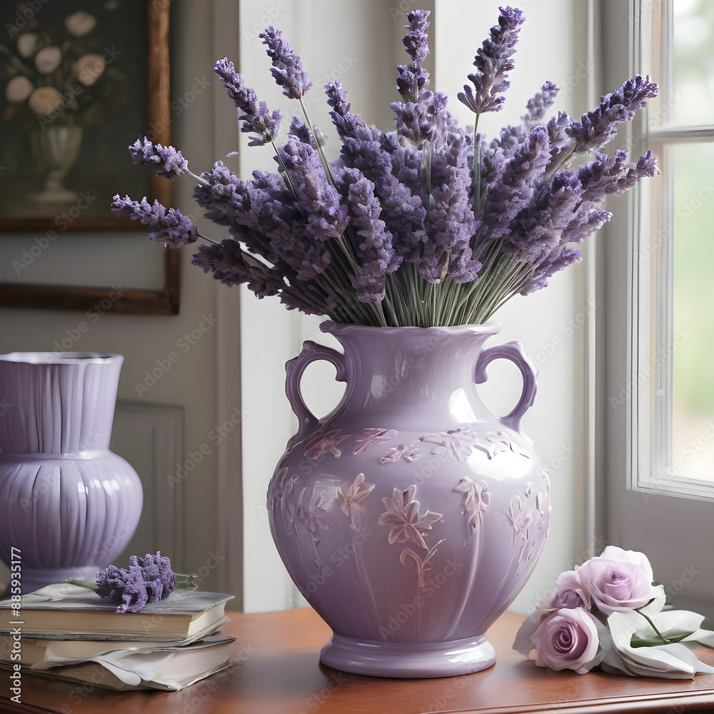 Un lindo macetero color lavanda, que contiene dentro de sí una planta ...