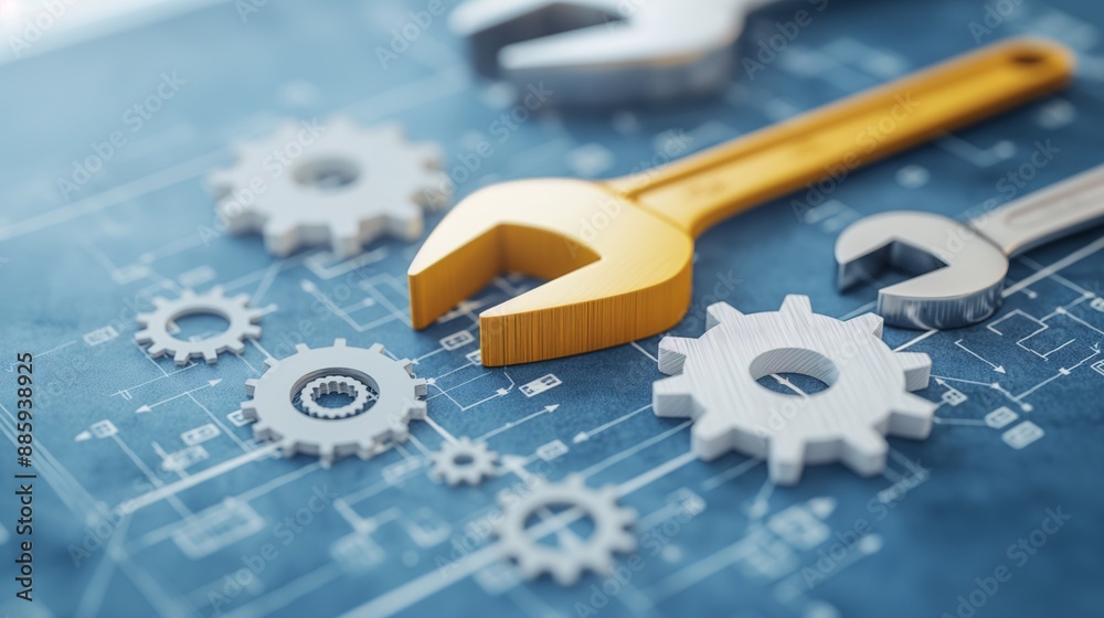 Clean and minimalistic icons of blueprints, wrenches, and gears in a ...