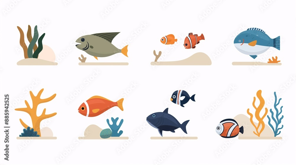 Clean and minimalistic icons of marine life, fish, and coral reefs in ...