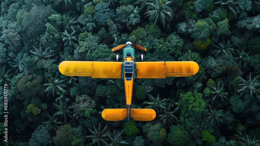 Yellow biplane soaring above a dense, dark green forest, captured from ...