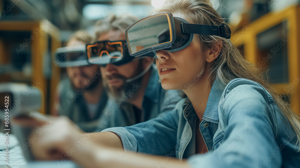 Team of designers using AR glasses in a modern workspace, seamlessly ...