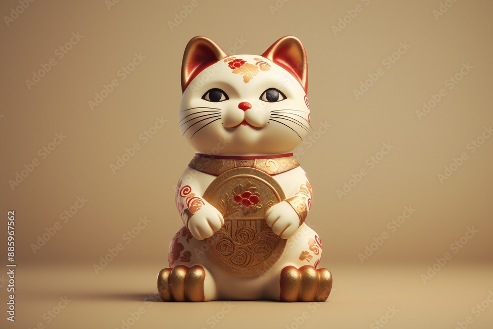 Money cat Maneki-neko on a beige background, shiny lucky cat means ...