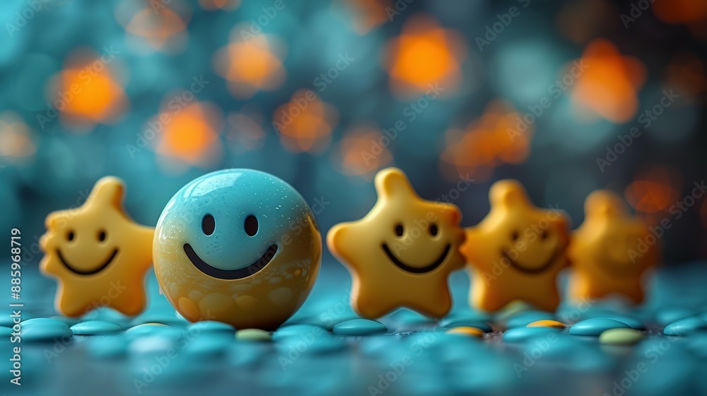 Smiley Face Surrounded by Positive Symbols: Thumbs-Up, Stars, and Happy ...