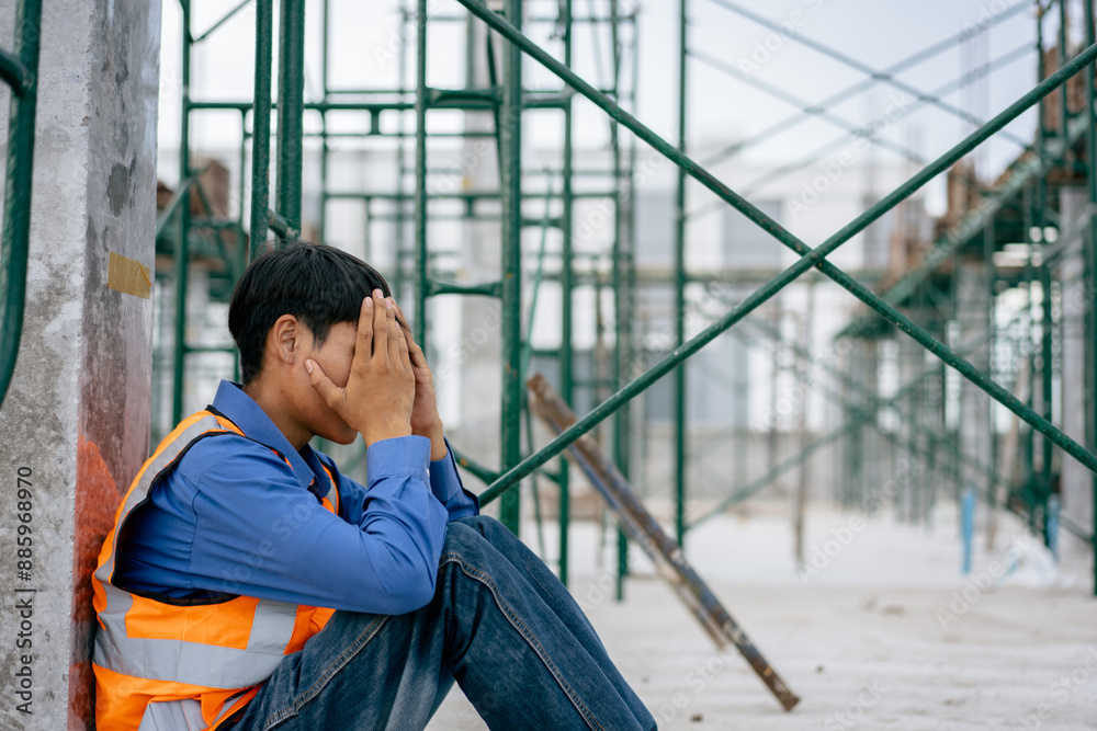 Foreman sitting hold the head with hands in factory construction site ...