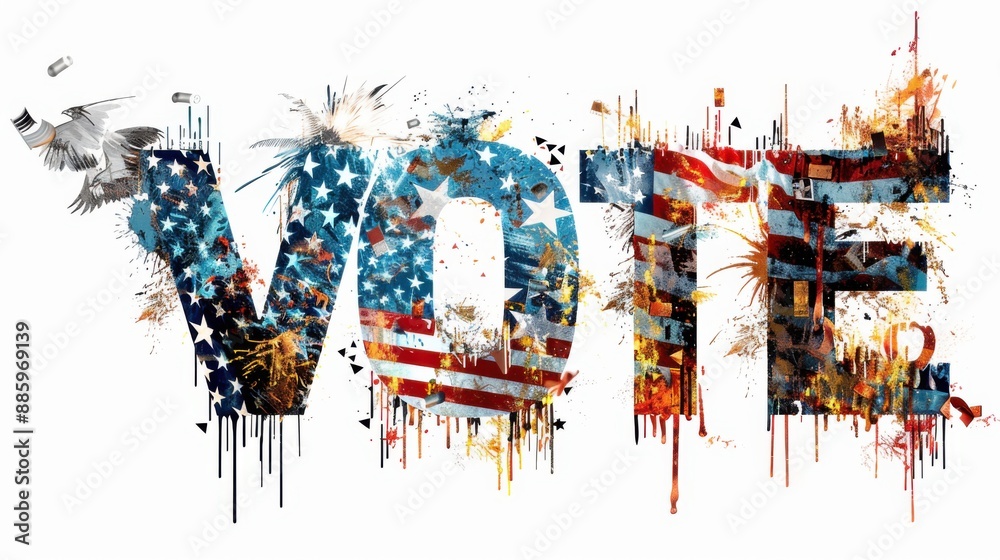 The word Vote! with each letter made of patriotic symbols such as the ...