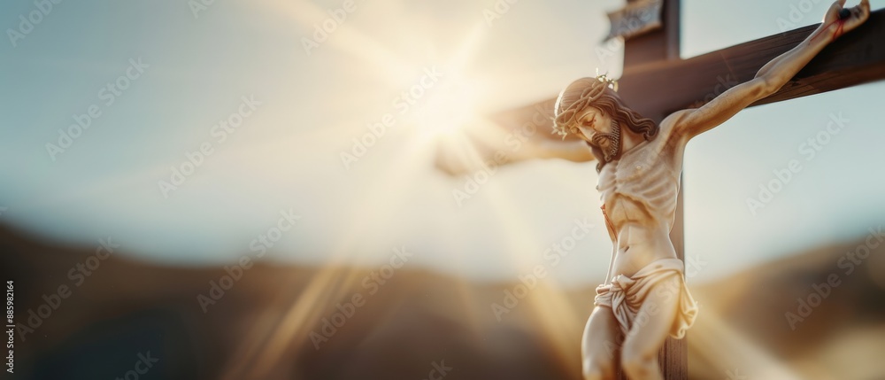 Religious image of Jesus Christ crucified on the cross with sunrays ...