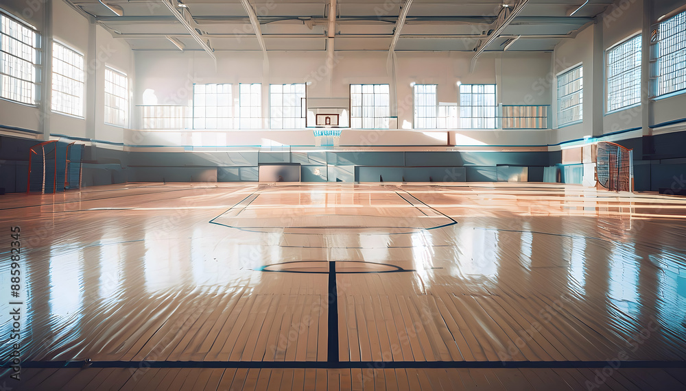 Empty gymnasium with a polished hardwood basketball court Basketball ...
