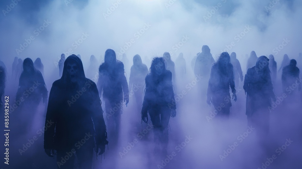 Group of eerie zombies walking through thick fog, creating a haunting ...