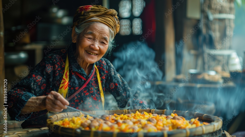 Foto de Happy Elderly Hill Tribe Woman Cooking. Elderly hill tribe ...