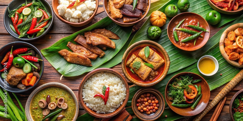 A colorful spread of traditional Filipino food dishes such as adobo ...