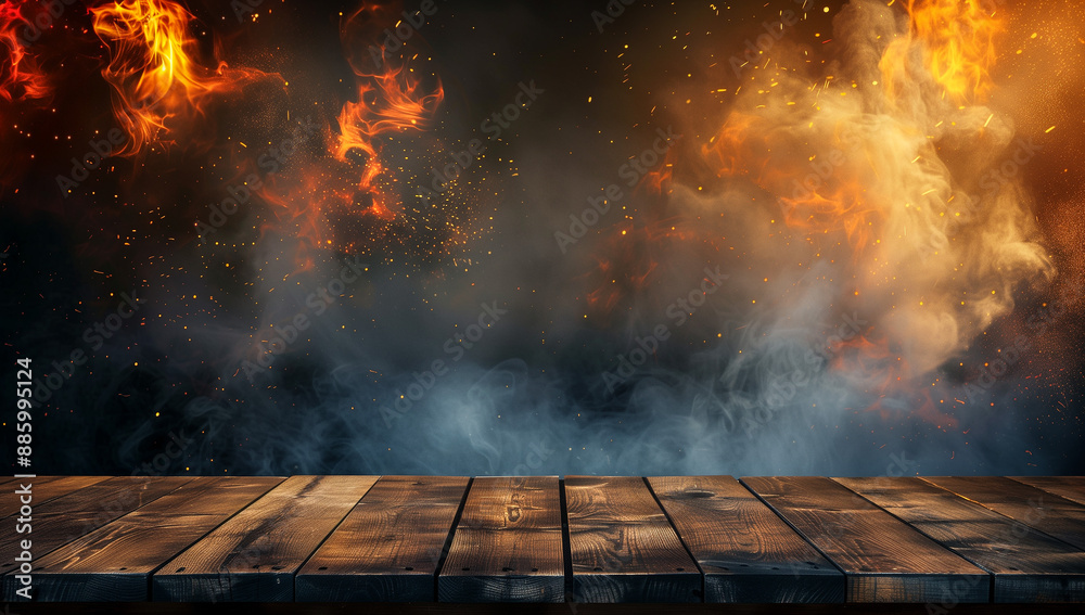 wooden table with Fire burning at the edge of the table, fire particles ...