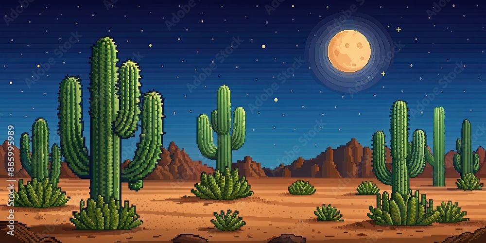 Pixel art desert night scene with cacti, 8bit background , pixel art ...