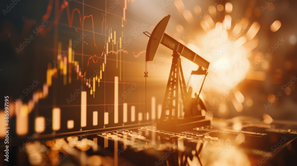 Double exposure of an oil price chart and a bomb explosion, symbolizing ...