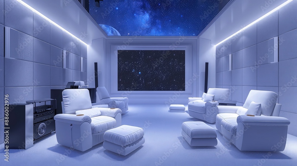 A modern white home theater room with plush seating and high-tech ...