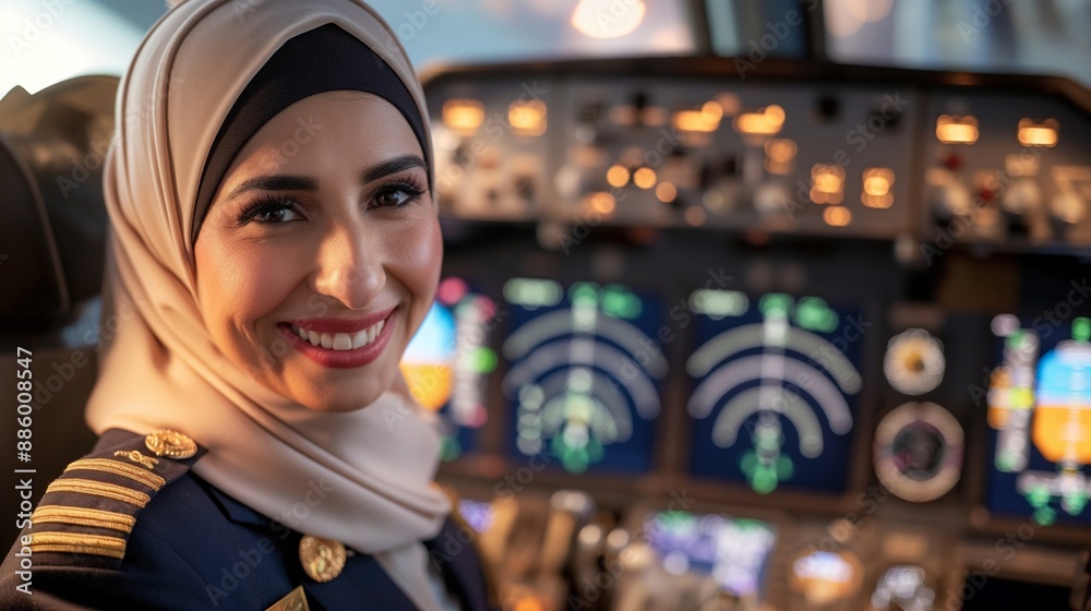 Professional Female Pilot in Hijab Smiling in Cockpit Wearing Full Uniform Reflecting ...