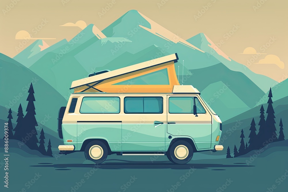 Camper van flat design front view outdoor theme animation Split ...