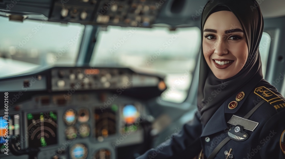 Confident Female Pilot in Hijab Smiling Proudly in Full Uniform in the ...