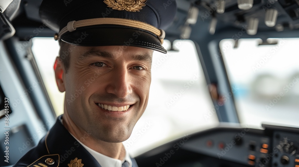Male Pilot in Full Pilot Uniform Smiling Proudly in Cockpit, Reflecting ...