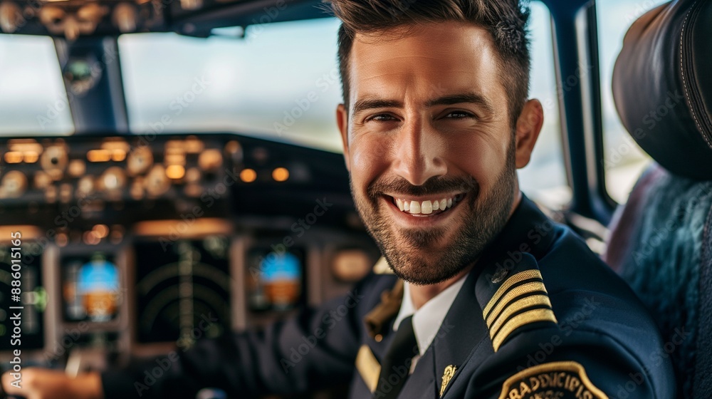 Aviation Professional Male Pilot in Full Uniform in Cockpit, Reflecting ...