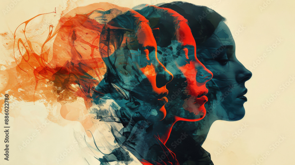 illustration with multiple overlapping and transparent figures within ...