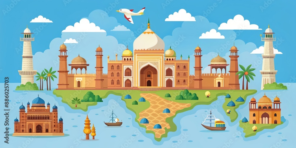Ilustrace „Illustrated map featuring iconic landmarks of India such as ...