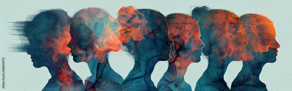 illustration with multiple overlapping and transparent figures within ...