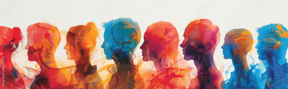 illustration with multiple overlapping and transparent figures within ...