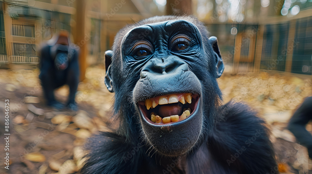 Closeup of funny big silver back gorilla ape primate monkey smiling ...