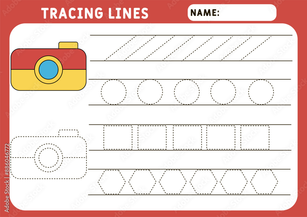 Trace line worksheet for kids. Camera icon. Basic writing. Working ...