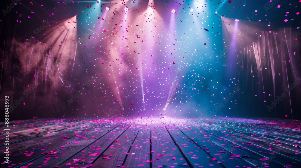Prom event party celebration stage with spotlight and confetti falling ...