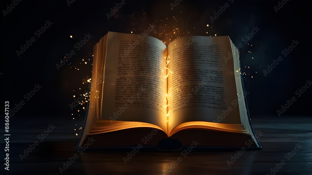 Magic book with glowing open pages in dark, revealing a mysterious ...