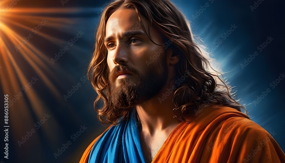 Cinematic Photorealistic Illustration of Jesus Christ with Flowing Hair ... Cinematic Photorealistic Illustration of Jesus Christ with Flowing Hair ...