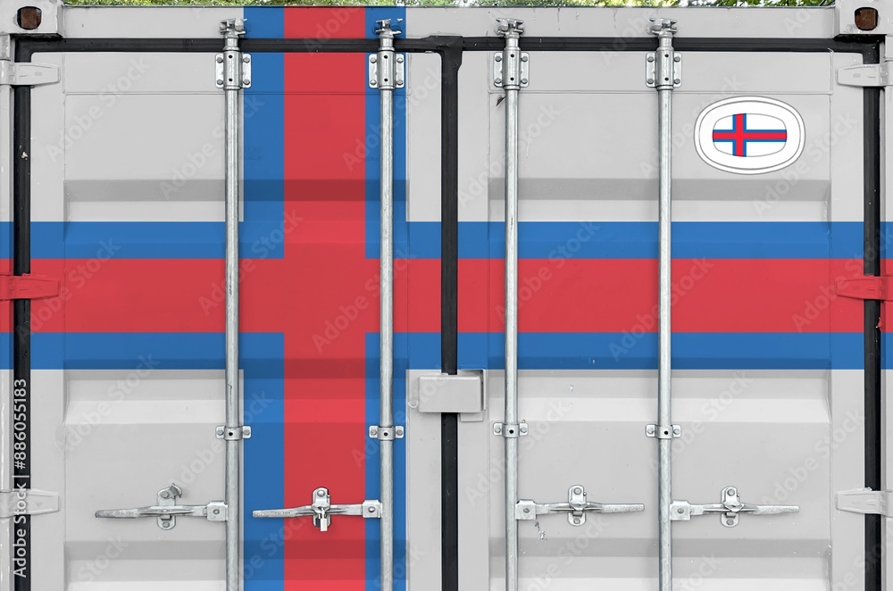 Faroe islands flag depicted on metal doors of shipping cargo container ...