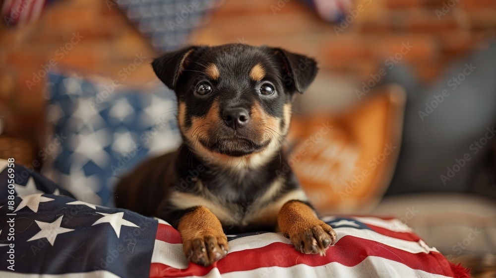 Happy Independence Day. American Flag and cute puppy. Closeup. indoors ...