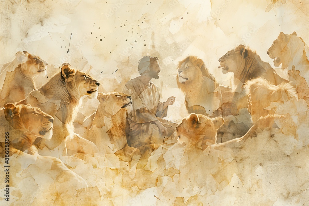 Lions gather around Daniel in biblical scene. Nine lions sit, lie down ...
