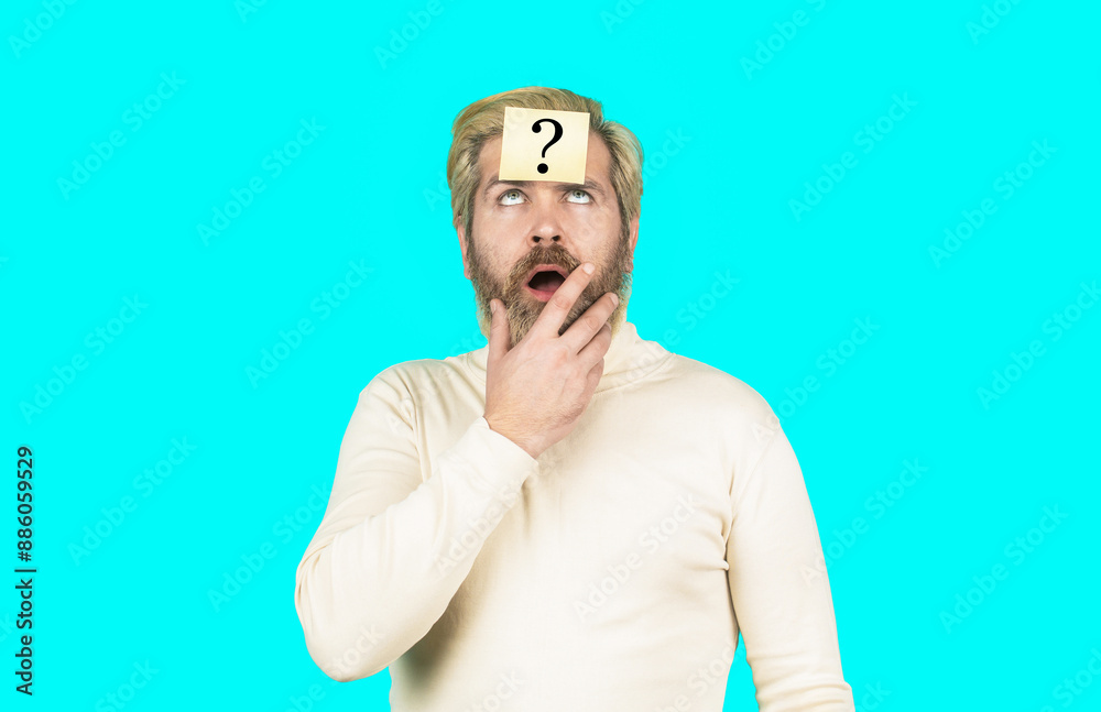 Paper notes with question marks. Beard man question mark in head ...