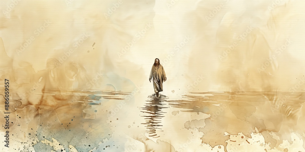 Jesus walks on water towards horizon. Minimalist biblical scene with ...