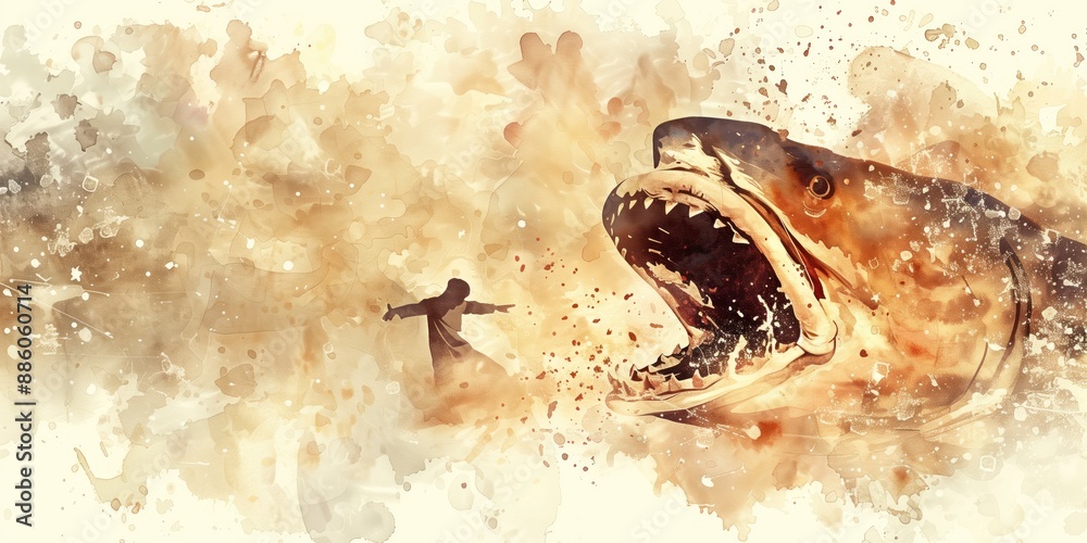 Jonah swallowed by giant fish, biblical scene, watercolor painting ...