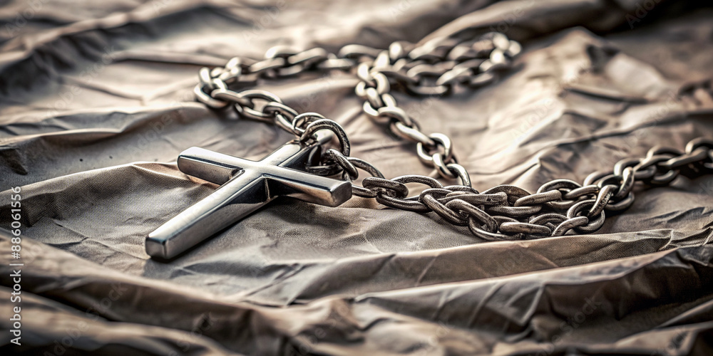 depicts a small silver cross on a broken chain laid on a white ...