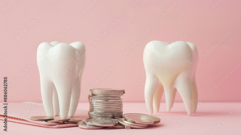 Ceramic model of a human tooth, wallet and stack of coins, pink ...