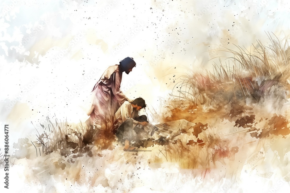 Man helps injured child on roadside, watercolor painting style ...