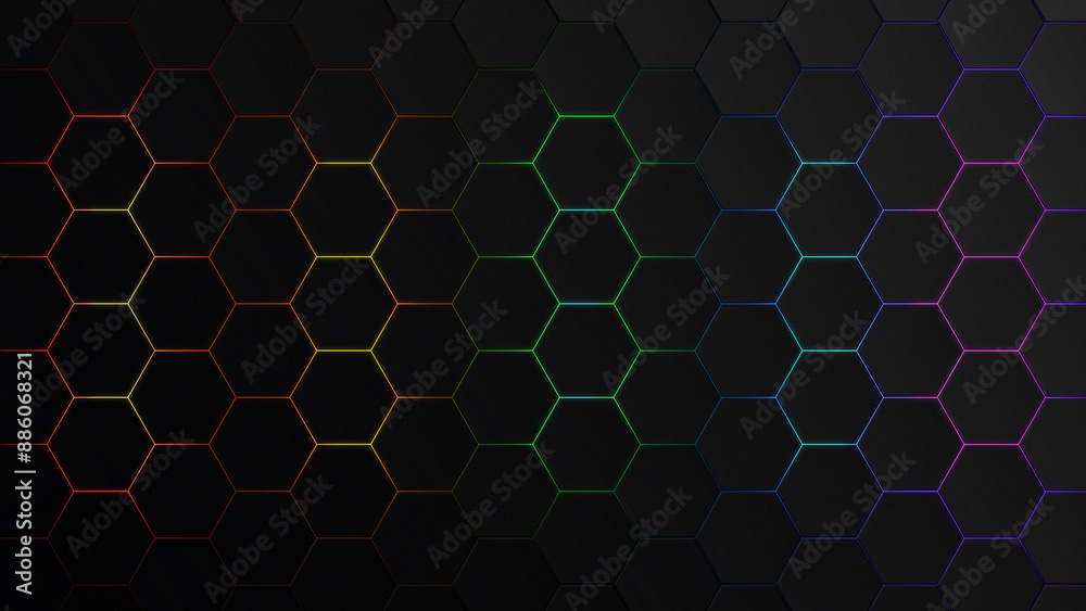 Hexagons pattern on a black background. Vertical colored honeycombs on ...